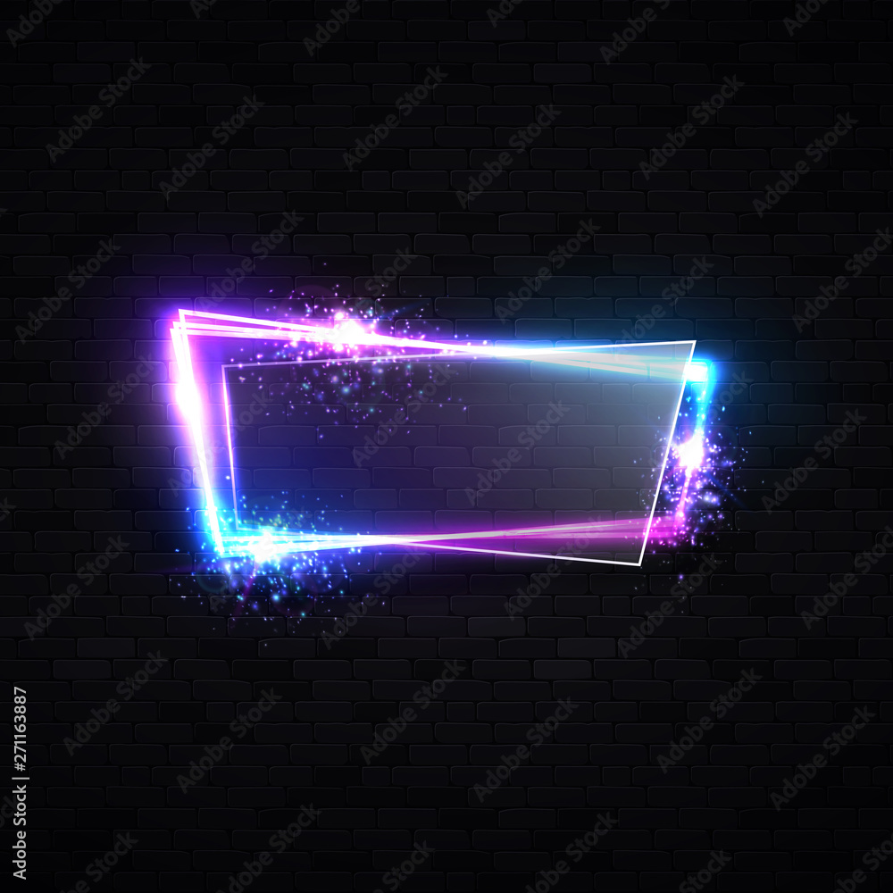 Neon sign with glass texture plate on black brick wall background ...