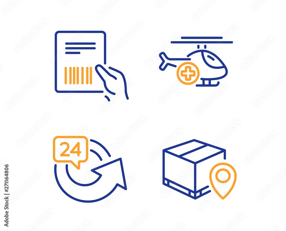 Parcel invoice, Medical helicopter and 24 hours icons simple set ...