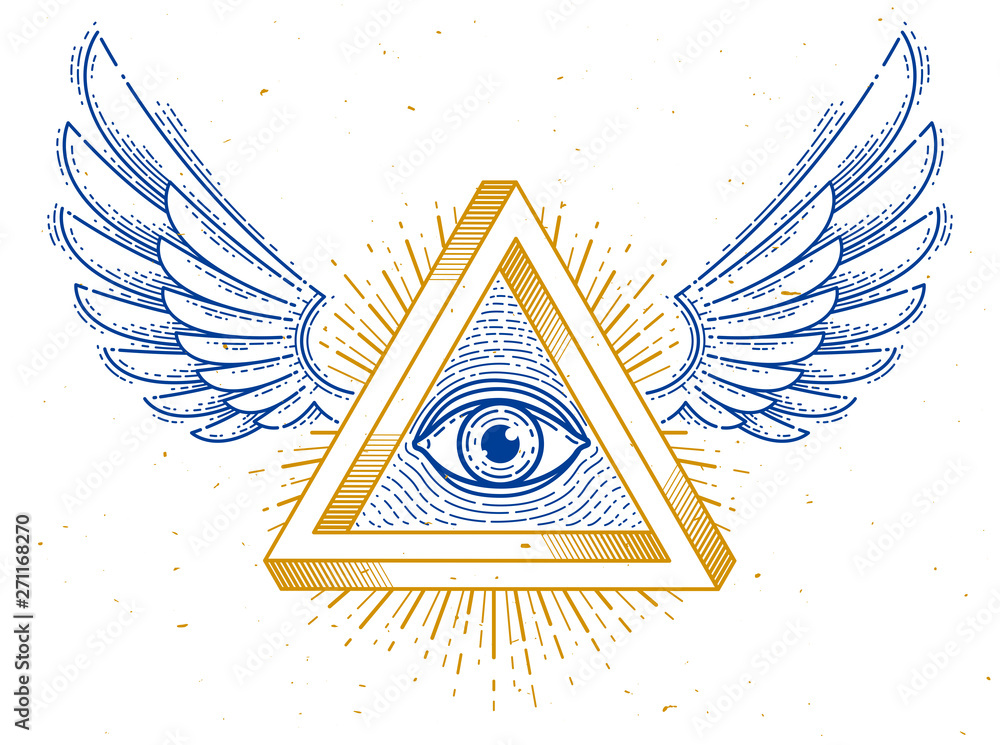 All seeing eye of god in sacred geometry triangle with bird wings of ...