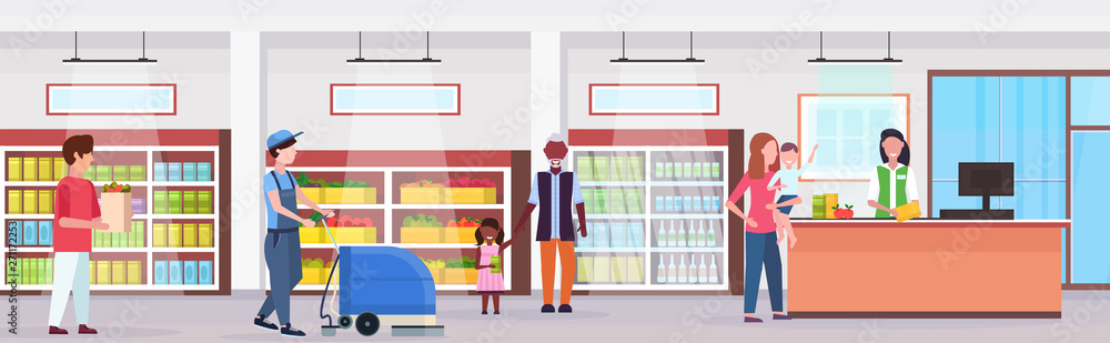 man using professional washing machine cleaner supermarket janitor in ...