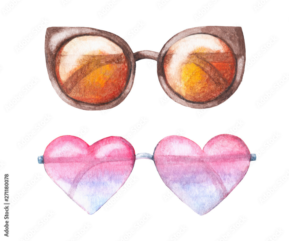 Watercolor set of sunglasses with pink hearts and brown for summer time ...