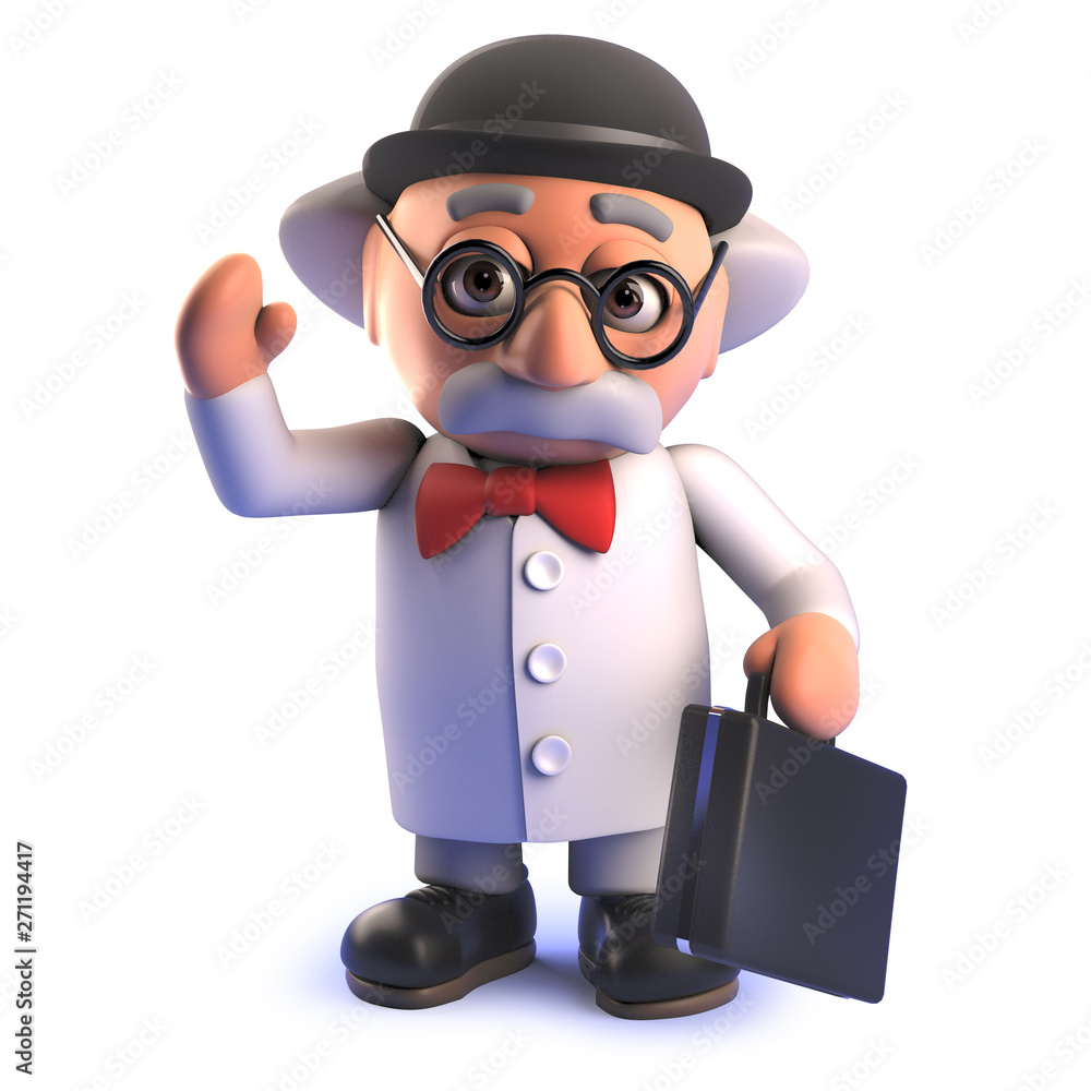 Mad scientist professor character in 3d wearing a bowler hat and ...