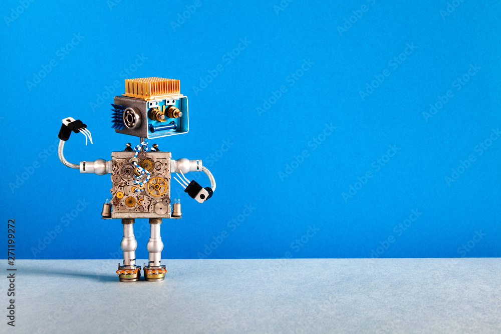 Mechanical robot cheerful face, cogs wheels machine parts body ...
