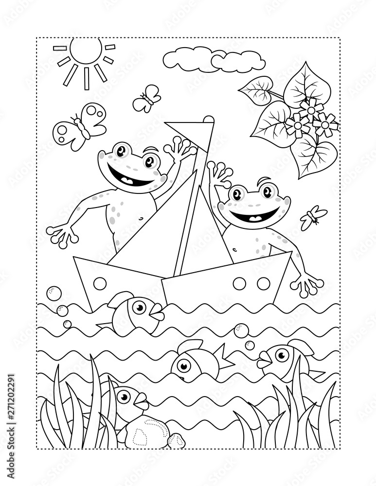 Spring or summer joy themed coloring page with two happy frogs in a ...