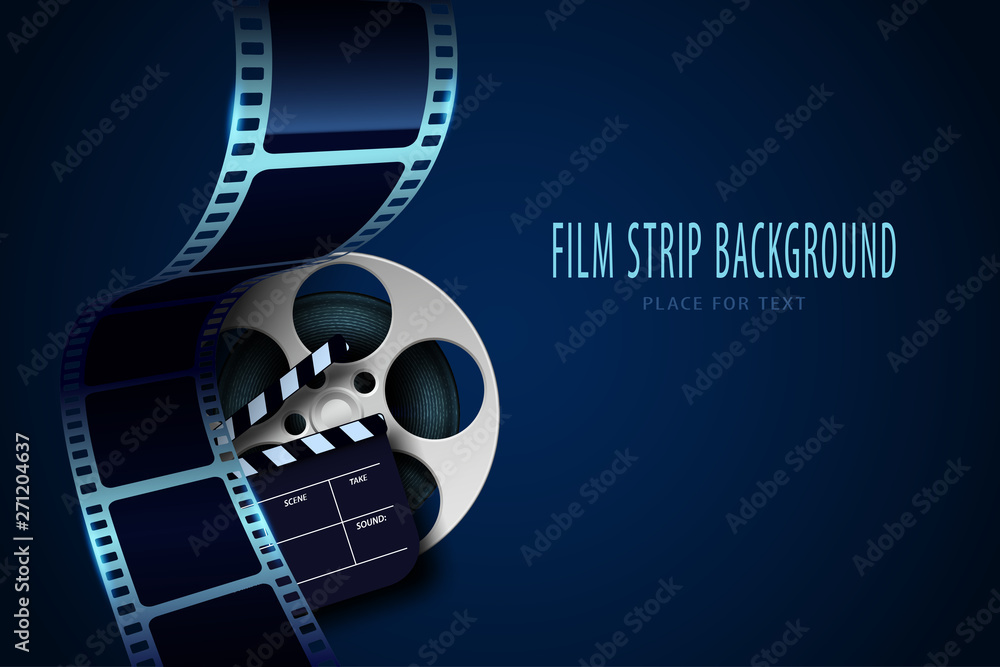 Film reel, clapper board and twisted cinema tape isolated on blue ...