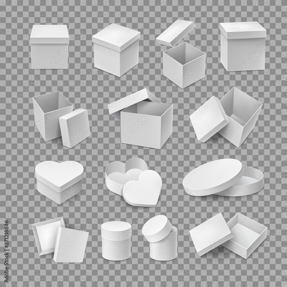 Various cardboard boxes mockup set. White containers in square, round ...