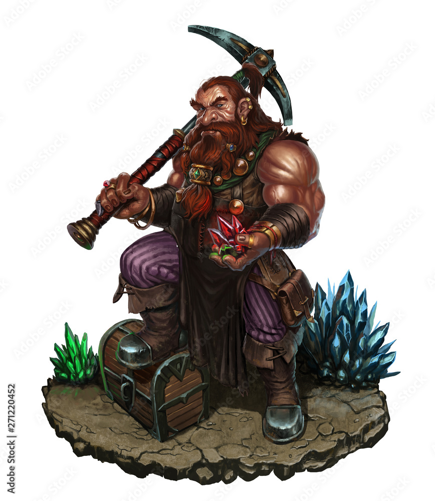 Dwarf with a pick and diamonds on rock realistic illustration isolated ...