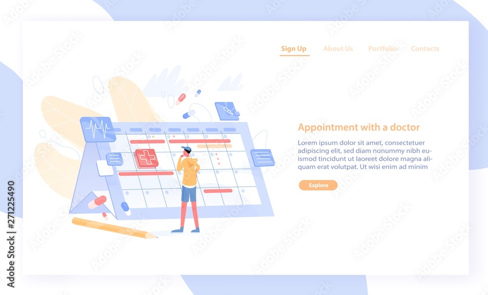 Website or web banner template with man looking at giant calendar and ...