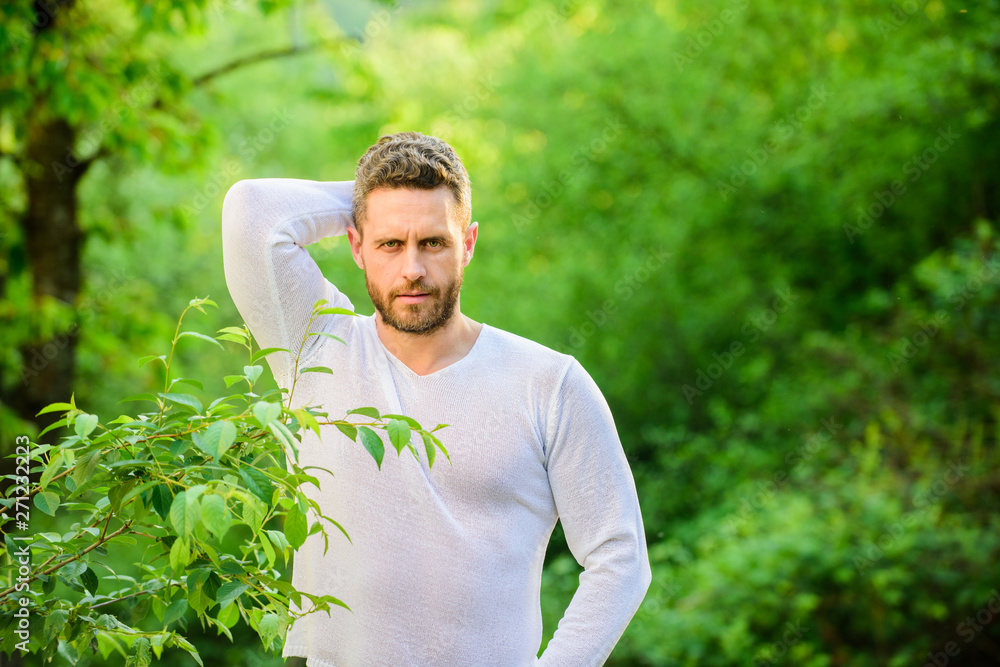 time to think. ecological life for man. man in green forest. morning in ...