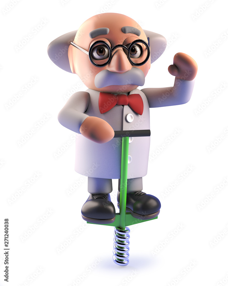 Cartoon 3d mad scientist character bouncing on a pogo stick Stock ...