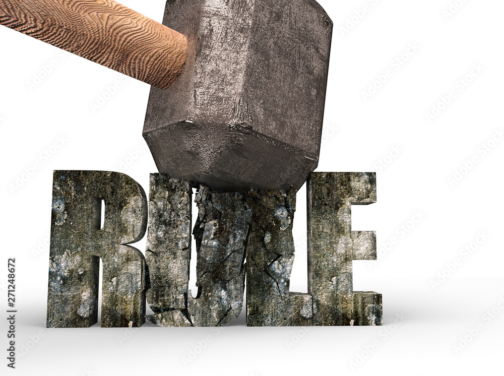 Sledgehammer hitting RULE 3d concrete word cracked, isolated on white ...