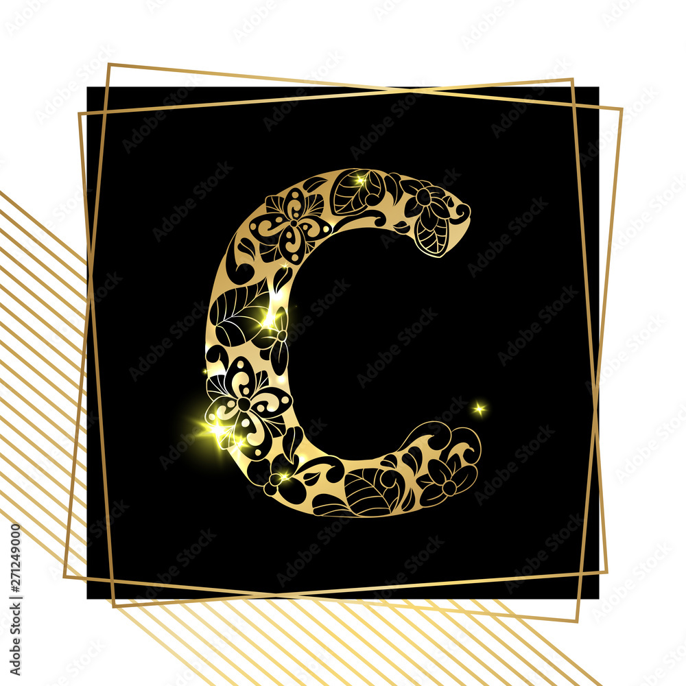 Golden Floral Ornamental Alphabet, Initial Letter C Font with Modern ...