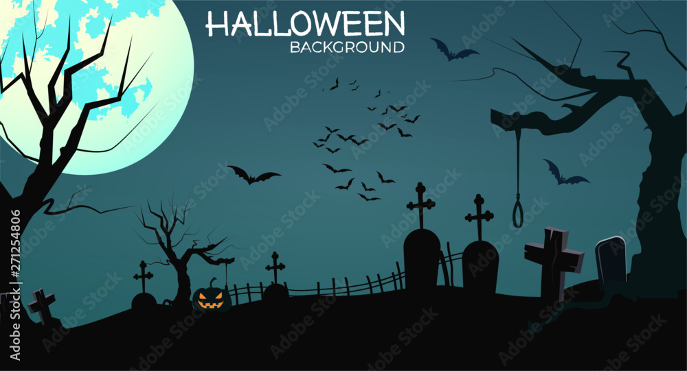 A spooky scary blue Halloween background scene with full moon, clouds ...