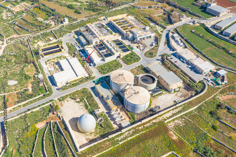 Aerial view of sewage treatment plant facilities. Stock Photo | Adobe Stock