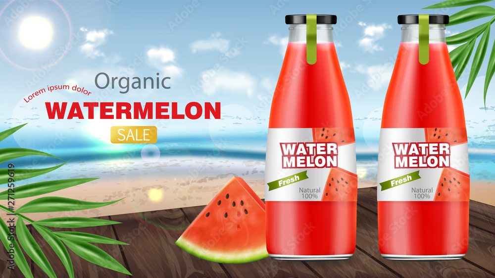 Watermelon juice bottles Vector realistic. Product placement label ...