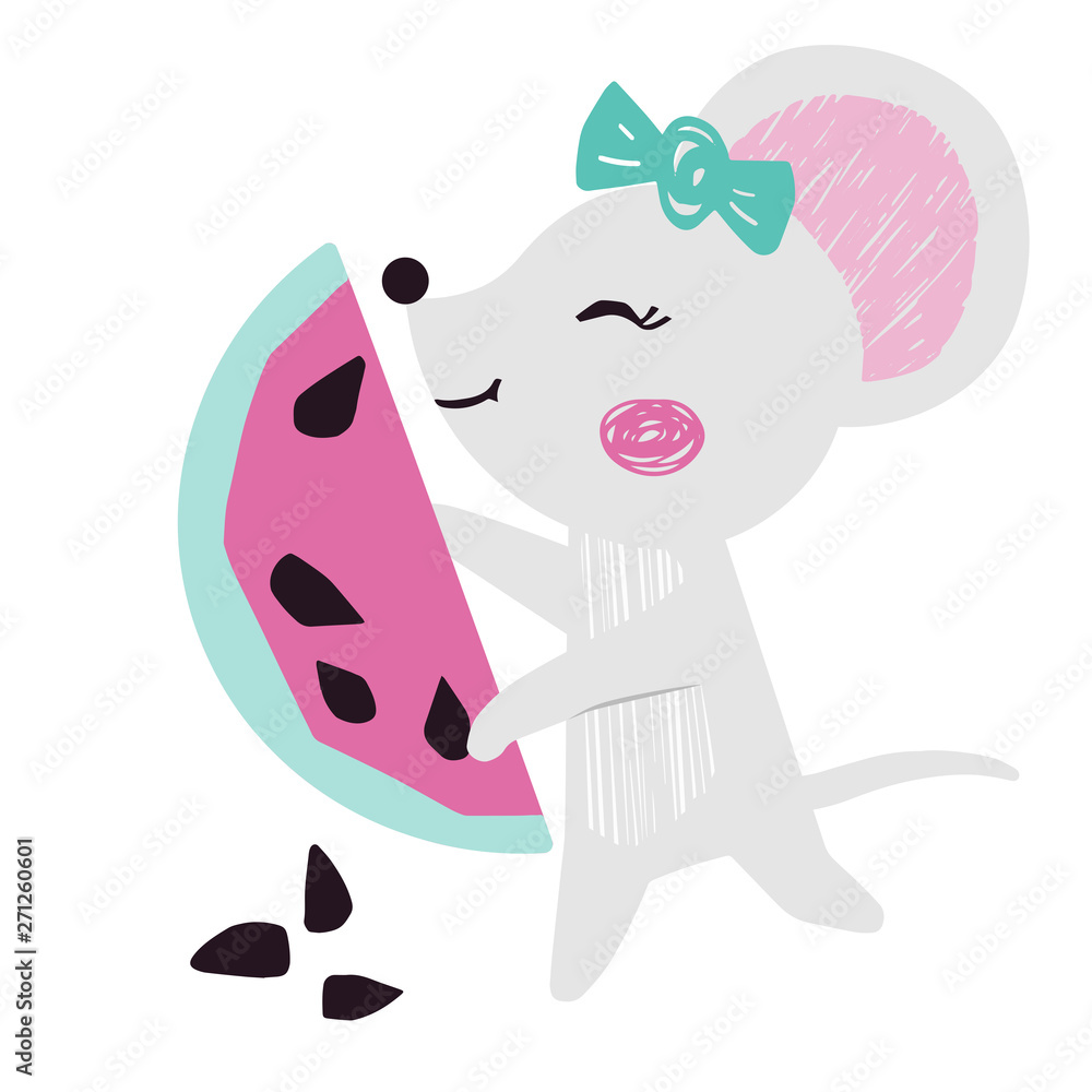 Mouse baby girl with watermelon cute summer print. Sweet animal with ...