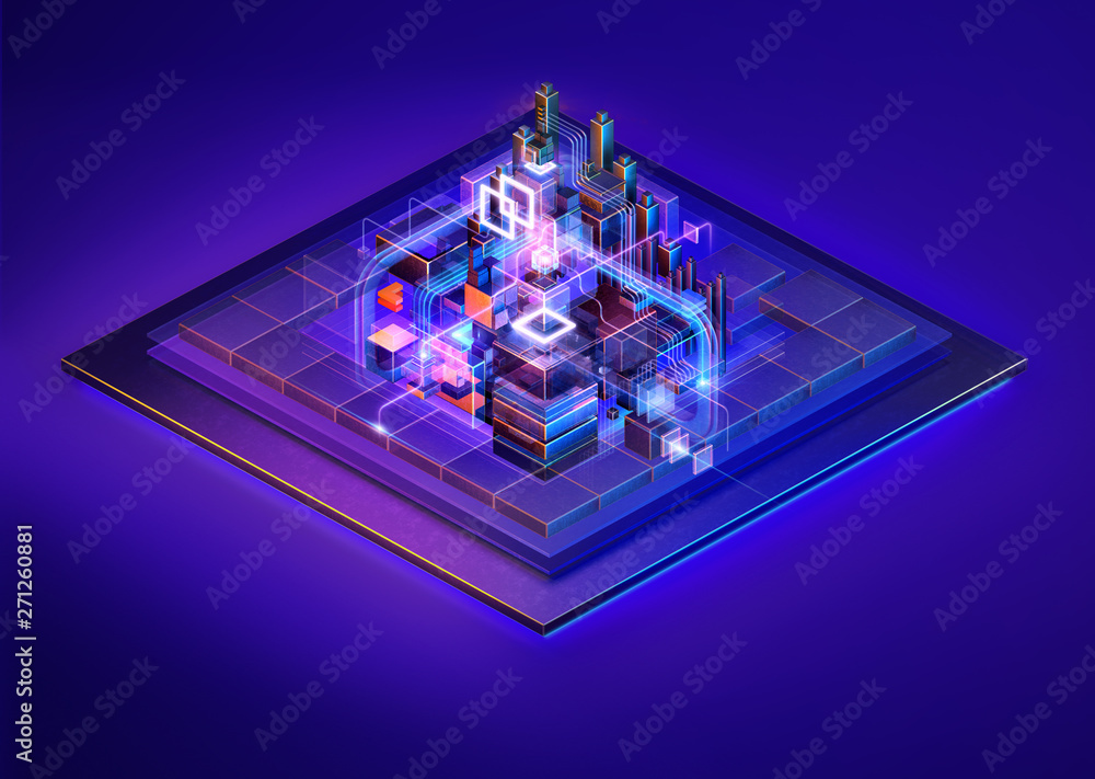 Abstract isometric web interface design. Digital glowing isometric ...