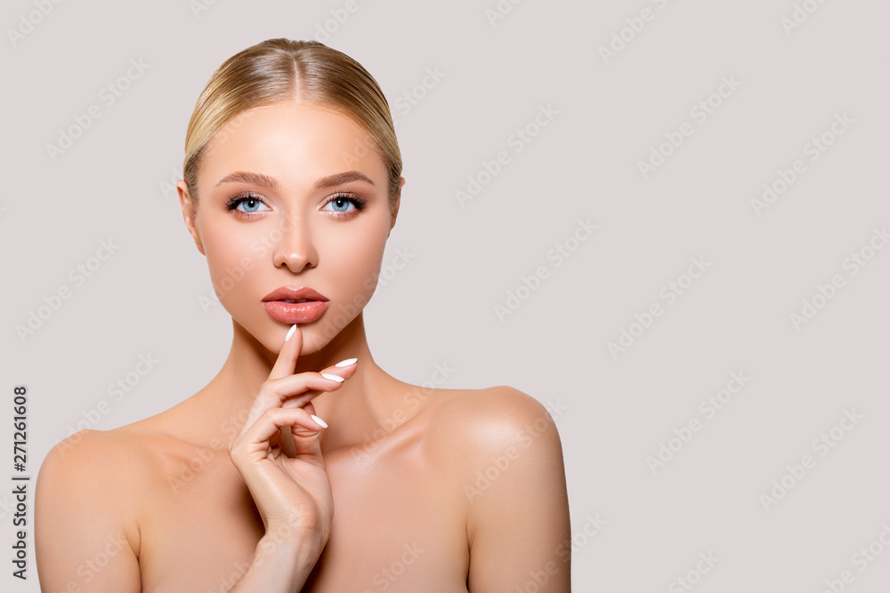 Beautiful Young Woman Touches Her Face With Her Hand Perfect Clean