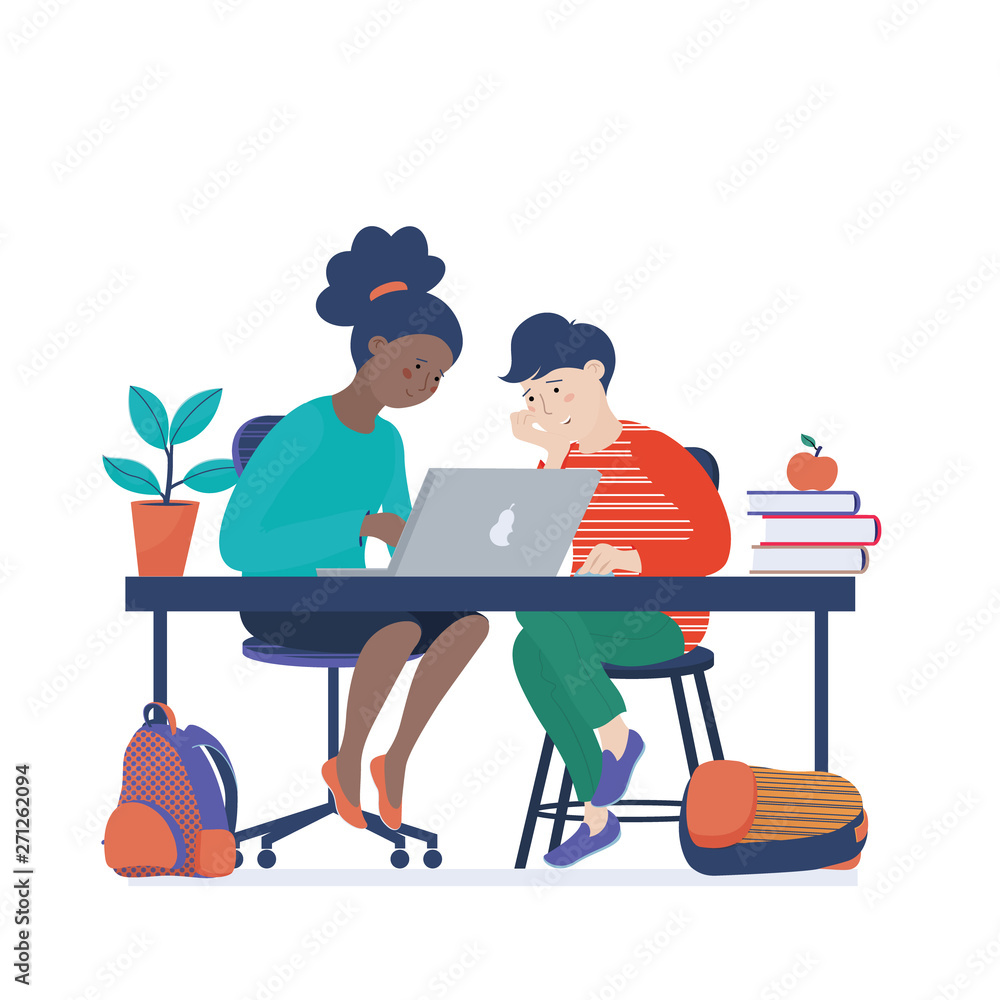 African American girl and Caucasian boy working on laptop, coding ...