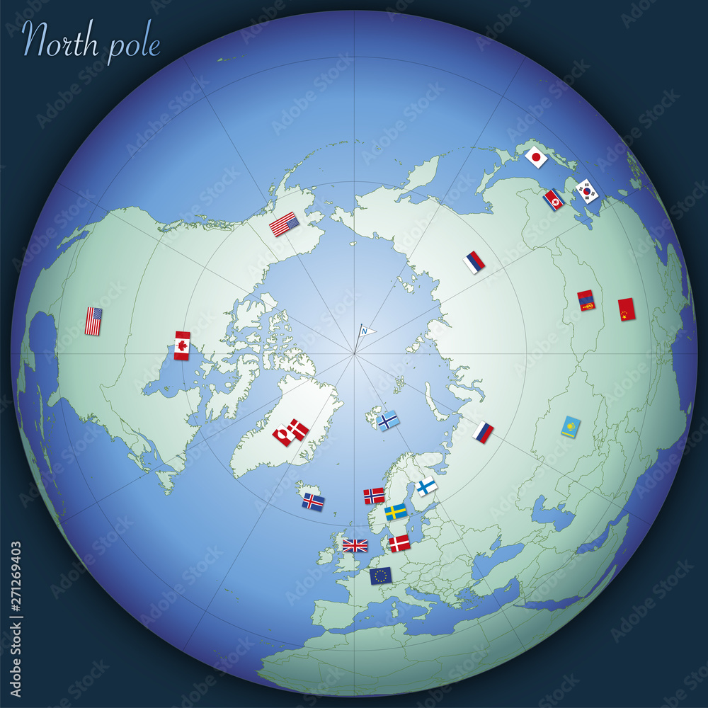 North pole global map with country flags, vector illustration Stock ...