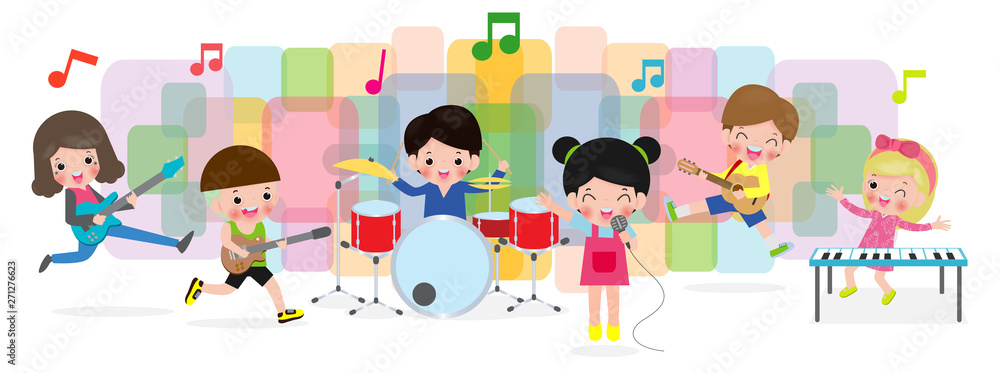 group of children playing musical instruments, Cartoon dancing kids ...