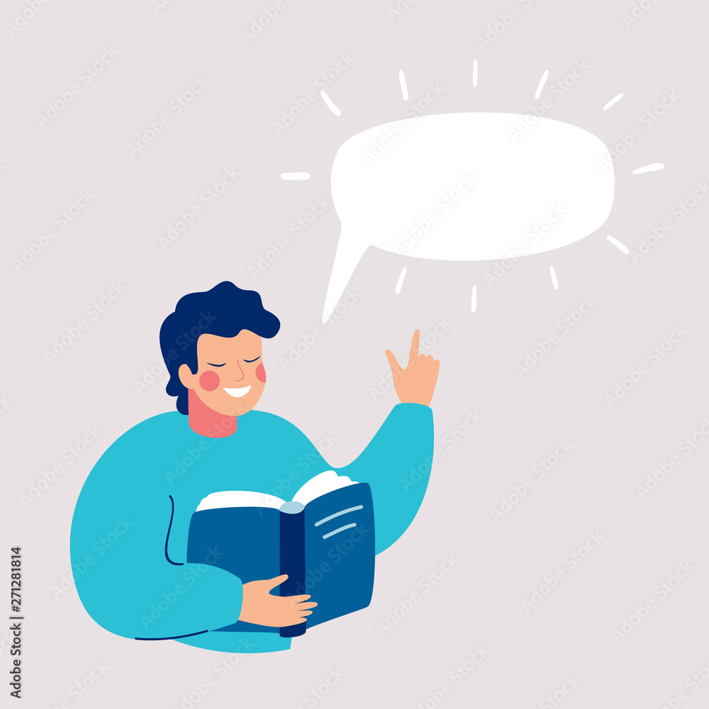Smiling boy reading book. Speech bubble above. Human character vector ...