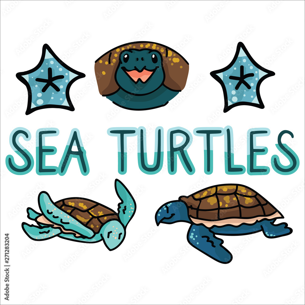 Cute sea turtle banner cartoon vector illustration motif set. Hand ...
