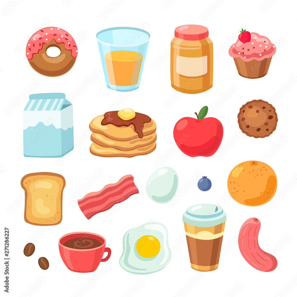 Cartoon breakfast food. Bagel bacon jam egg sandwich healthy fruit and ...