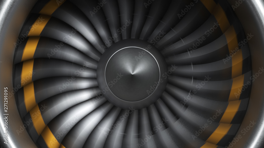 Jet engine, close-up view engine blades. Engine blades at the ends ...