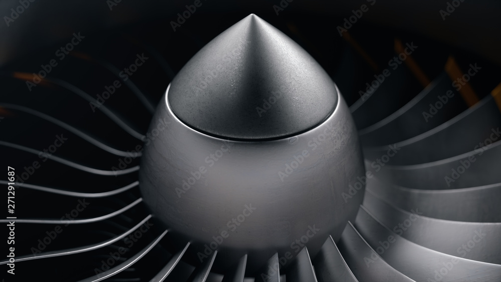 3D illustration jet engine, close-up view jet engine blades. Rotating ...