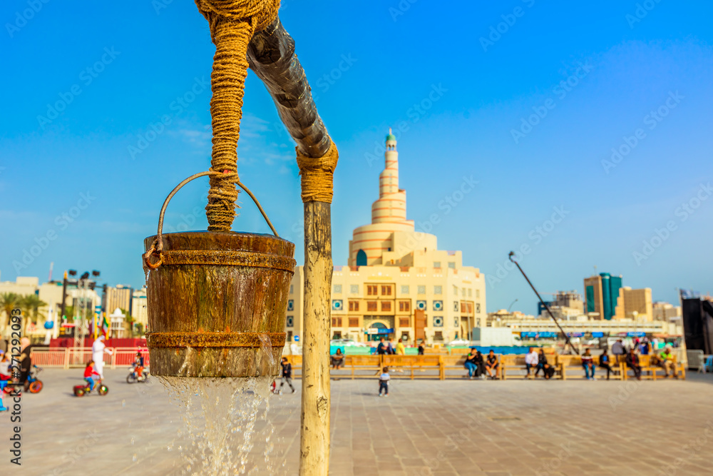 Closeup of flowing water at old well fountain, famous place in the ...