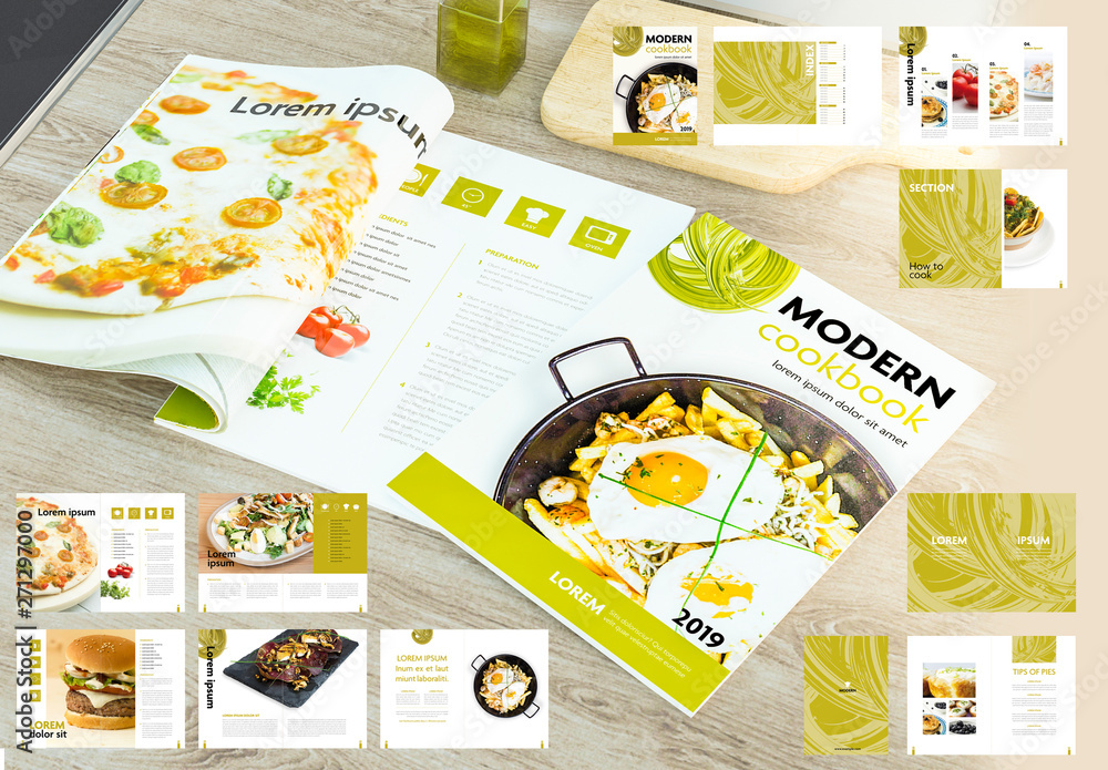 Cookbook Layout with Green Textured Accents Stock Template | Adobe Stock