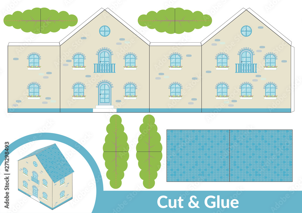 Cut and glue a house. Children art game for activity page. Paper 3d ...