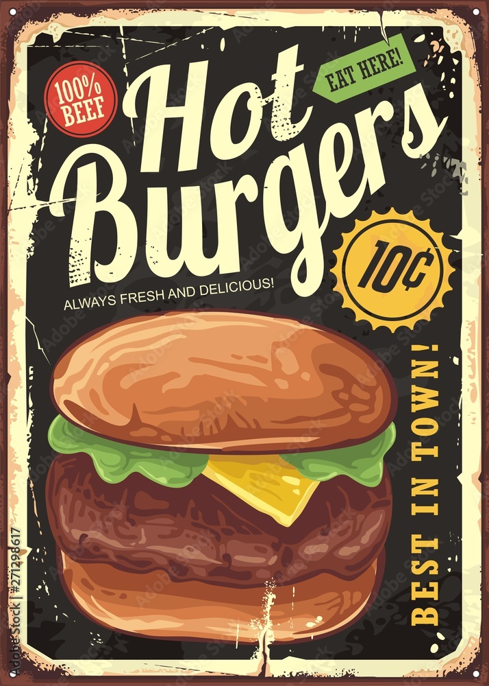 Hot burgers vintage restaurant sign. Retro poster design with big ...