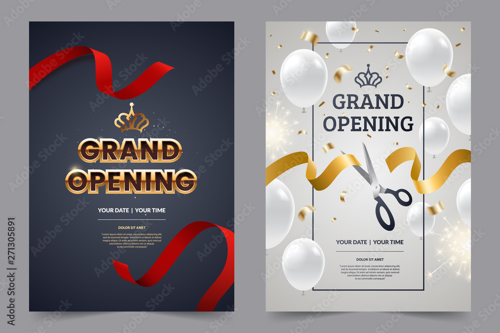 Grand opening invitation flyer with red and gold cut ribbons and ...