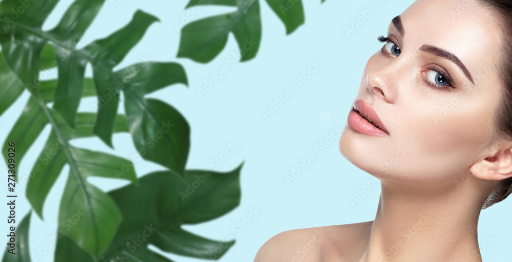 Woman face with fresh smooth skin, clean face and blue eyes with ...