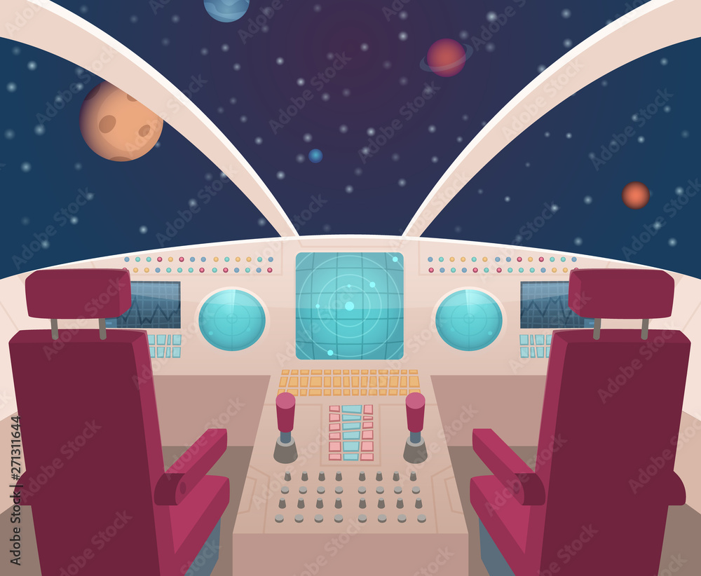 Spaceship cockpit. Shuttle inside interior with dashboard panel vector ...