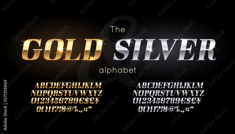 Silver and Gold serif font and alphabet. Vintage abc, vector english ...