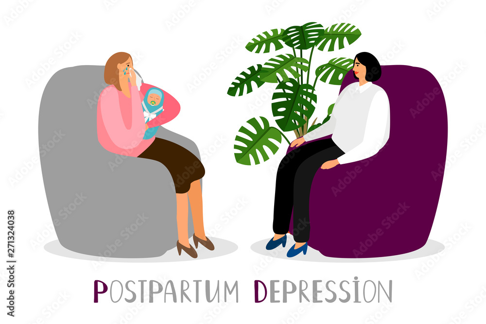 Postpartum depression. Vector crying mother with newborn. Psychoterapy ...