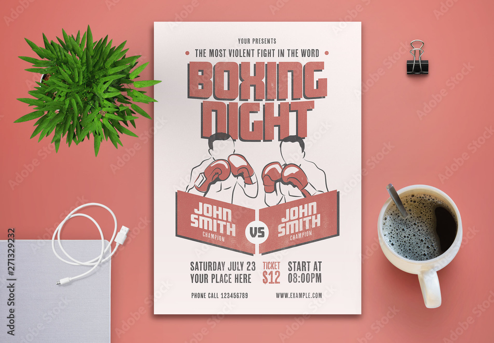 Boxing Event Flyer Layout with Salmon Elements Stock Template | Adobe Stock