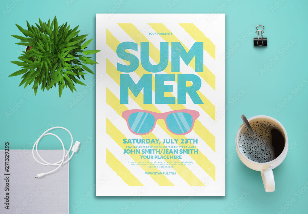 Summer Party Flyer Layout with Stripes and Sunglasses Stock Template ...