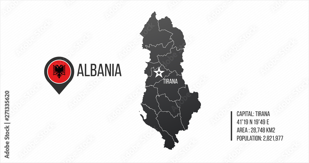 Albania map High detailed illustration with Tirana star capital ...