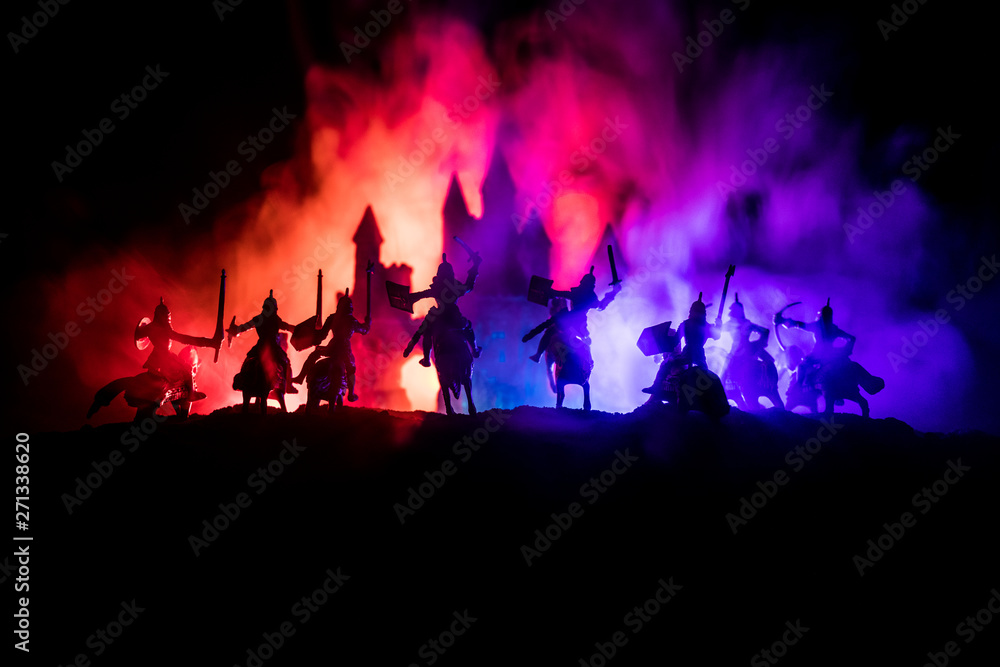 Medieval battle scene with cavalry and infantry. Silhouettes of figures ...