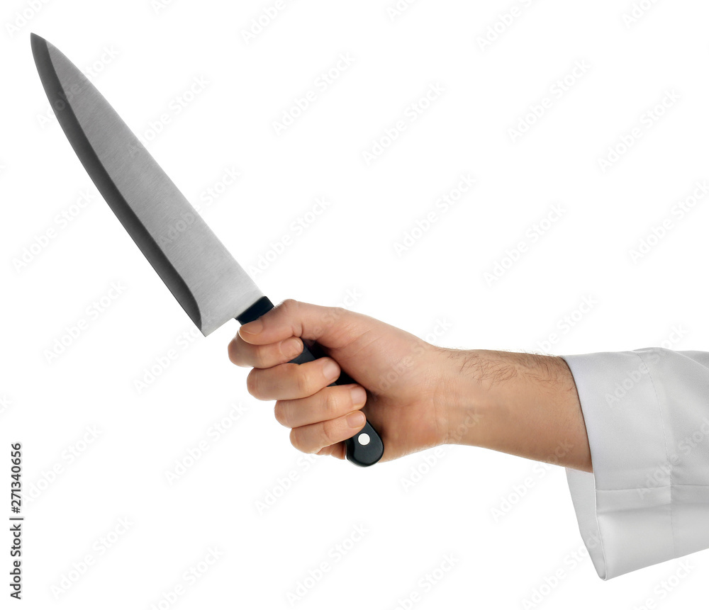 Man holding chef's knife on white background, closeup Stock Photo ...