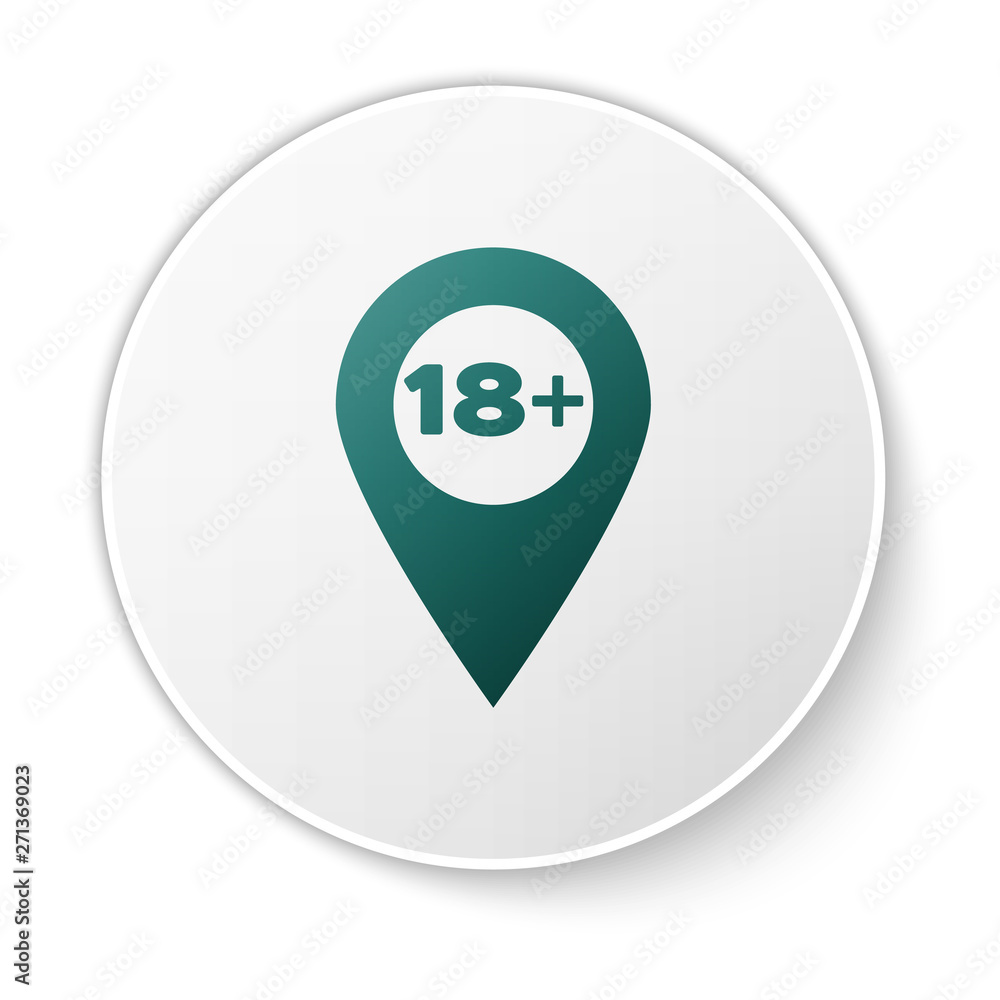 Green Map pointer with 18 plus icon isolated on white background. Age ...