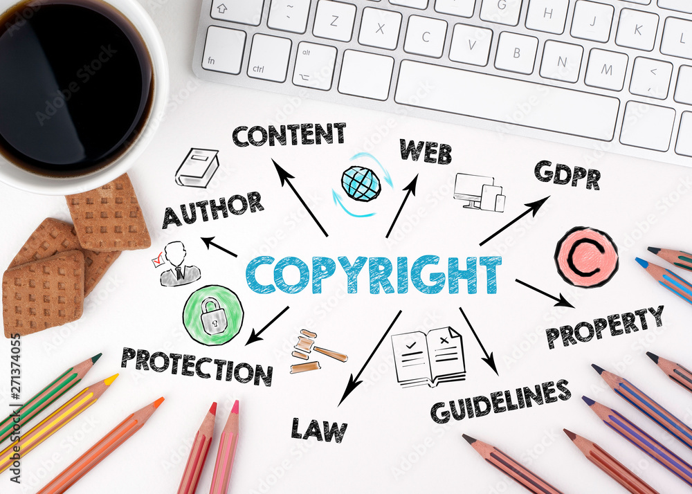 Copyright Concept. Chart with keywords and icons. White office desk ...