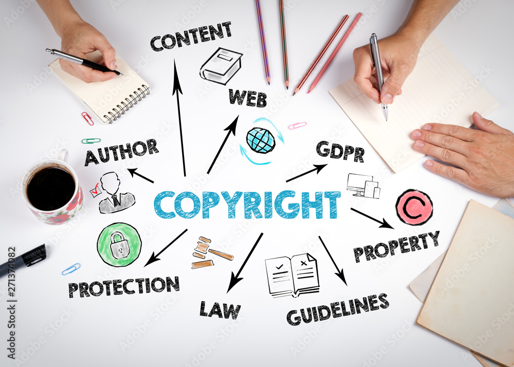 Copyright Concept. Chart with keywords and icons. The meeting at the ...