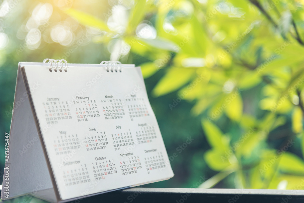 2019 Calendar Event Planner. Close up on calendar on desk with bokeh ...