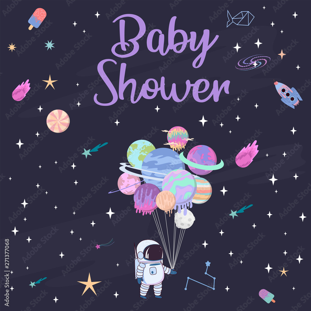Sweet space cartoon poster with fantasy chocolate cookie, candy, donut ...