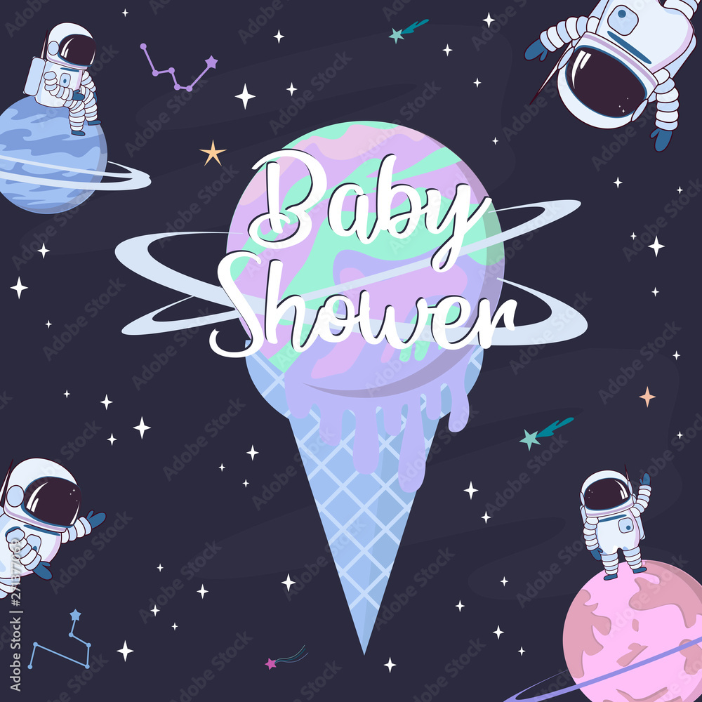 Sweet space cartoon poster with fantasy chocolate cookie, candy, donut ...